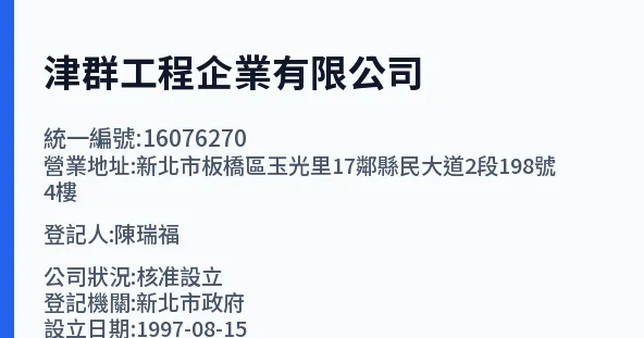 津群工程企業有限公司的照片-統編 16076270(新北市) 公司登記資料與營業項目詳細圖表