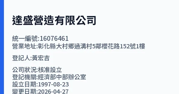 達盛營造有限公司的照片-統編 16076461(彰化縣) 公司登記資料與營業項目詳細圖表