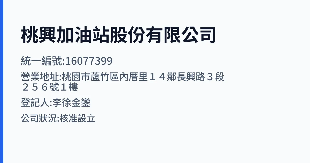 桃興加油站股份有限公司 - 統編 16077399(桃園市) 公司登記資料與營業項目詳細圖表