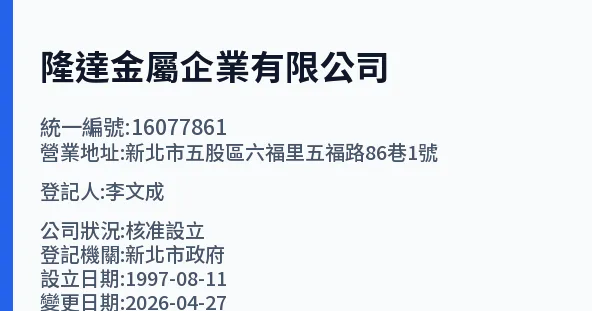 隆達金屬企業有限公司的照片-統編 16077861(新北市) 公司登記資料與營業項目詳細圖表
