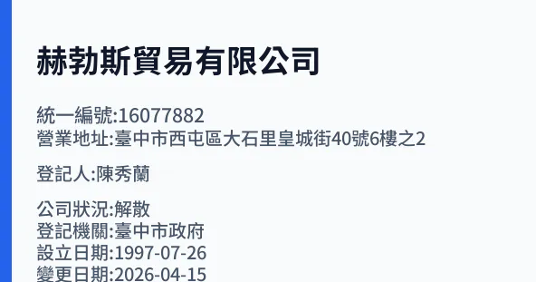 赫勃斯貿易有限公司的照片-統編 16077882(臺中市) 公司登記資料與營業項目詳細圖表