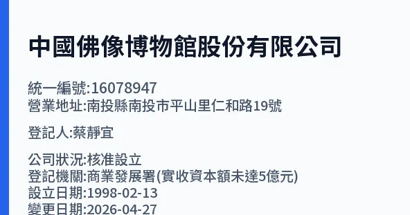 中國佛像博物館股份有限公司的照片-統編 16078947(南投縣) 公司登記資料與營業項目詳細圖表