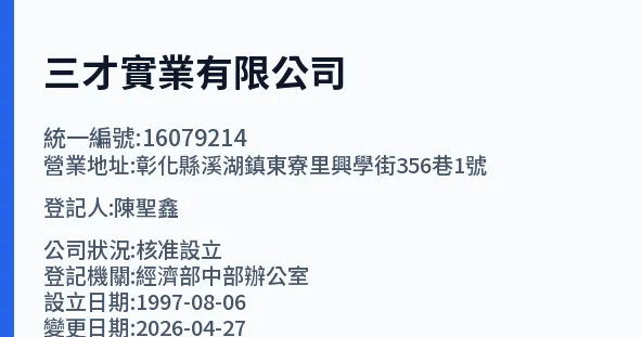 三才實業有限公司的照片-統編 16079214(彰化縣) 公司登記資料與營業項目詳細圖表