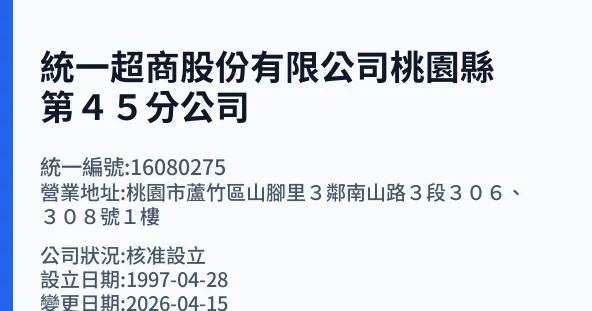 統一超商股份有限公司桃園縣第４５分公司的照片-統編 16080275(桃園市) 公司登記資料與營業項目詳細圖表