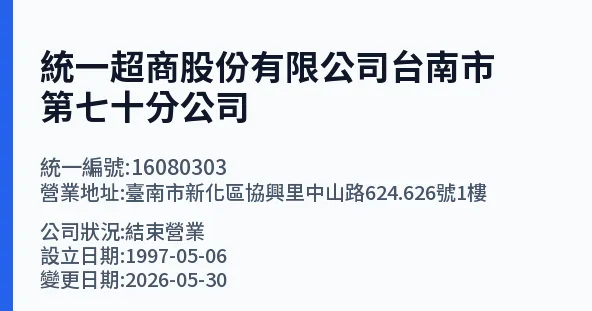 統一超商股份有限公司台南市第七十分公司的照片-統編 16080303(臺南市) 公司登記資料與營業項目詳細圖表
