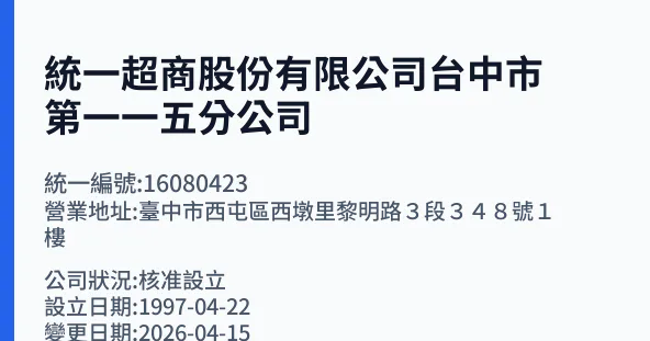 統一超商股份有限公司台中市第一一五分公司的照片-統編 16080423(臺中市) 公司登記資料與營業項目詳細圖表