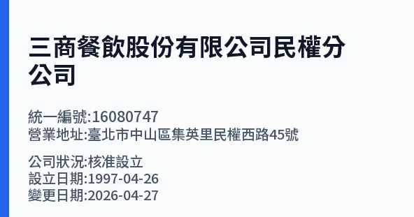 三商餐飲股份有限公司民權分公司的照片-統編 16080747(臺北市) 公司登記資料與營業項目詳細圖表