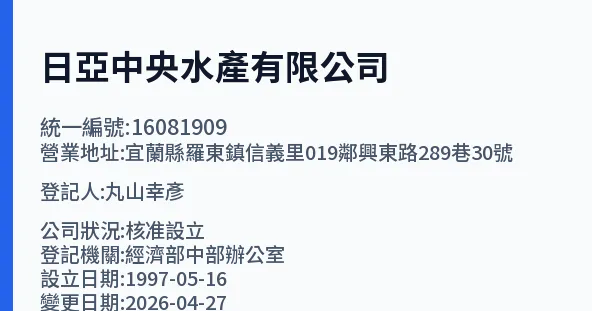 日亞中央水產有限公司的照片-統編 16081909(宜蘭縣) 公司登記資料與營業項目詳細圖表