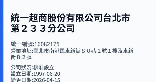 統一超商股份有限公司台北市第２３３分公司的照片-統編 16082175(臺北市) 公司登記資料與營業項目詳細圖表