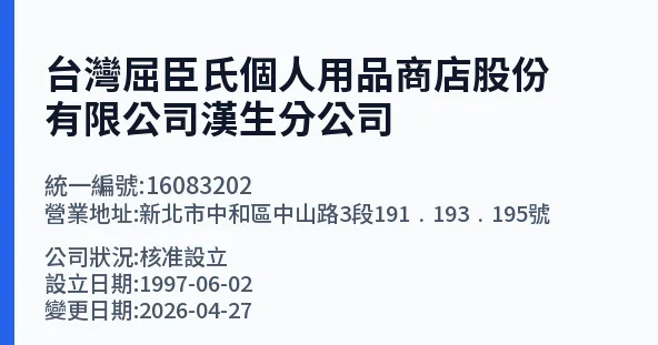 台灣屈臣氏個人用品商店股份有限公司漢生分公司的照片-統編 16083202(新北市) 公司登記資料與營業項目詳細圖表