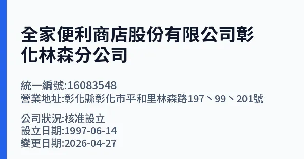 全家便利商店股份有限公司彰化林森分公司的照片-統編 16083548(彰化縣) 公司登記資料與營業項目詳細圖表
