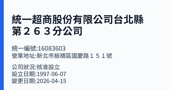 統一超商股份有限公司台北縣第２６３分公司的照片-統編 16083603(新北市) 公司登記資料與營業項目詳細圖表