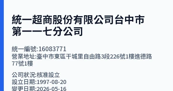 統一超商股份有限公司台中市第一一七分公司的照片-統編 16083771(臺中市) 公司登記資料與營業項目詳細圖表