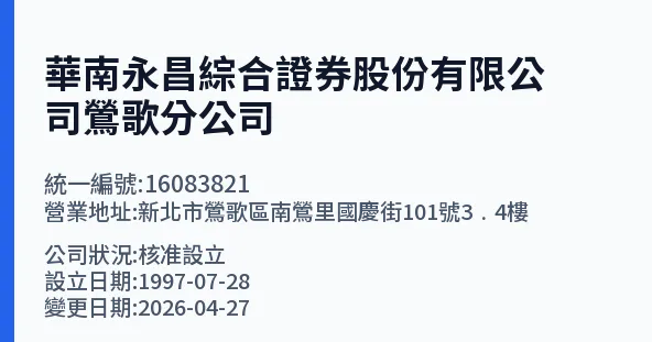 華南永昌綜合證券股份有限公司鶯歌分公司的照片-統編 16083821(新北市) 公司登記資料與營業項目詳細圖表