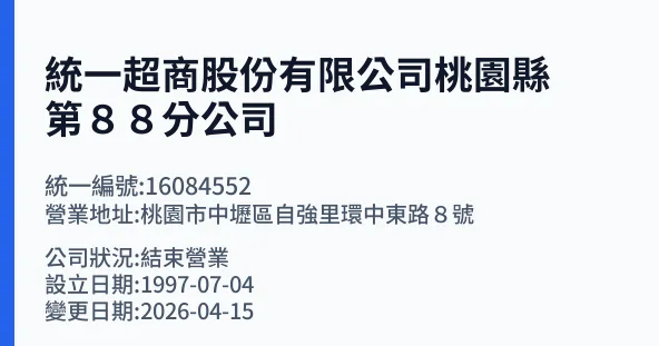 統一超商股份有限公司桃園縣第８８分公司的照片-統編 16084552(桃園市) 公司登記資料與營業項目詳細圖表