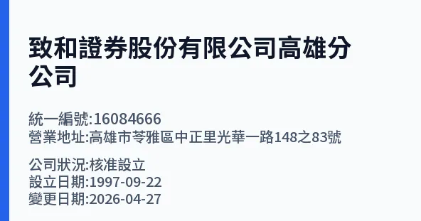 致和證券股份有限公司高雄分公司的照片-統編 16084666(高雄市) 公司登記資料與營業項目詳細圖表