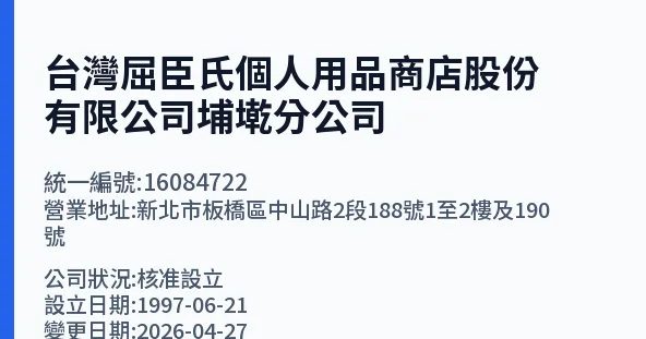 台灣屈臣氏個人用品商店股份有限公司埔墘分公司的照片-統編 16084722(新北市) 公司登記資料與營業項目詳細圖表