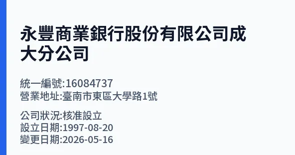 永豐商業銀行股份有限公司成大分公司的照片-統編 16084737(臺南市) 公司登記資料與營業項目詳細圖表