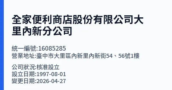 全家便利商店股份有限公司大里內新分公司的照片-統編 16085285(臺中市) 公司登記資料與營業項目詳細圖表