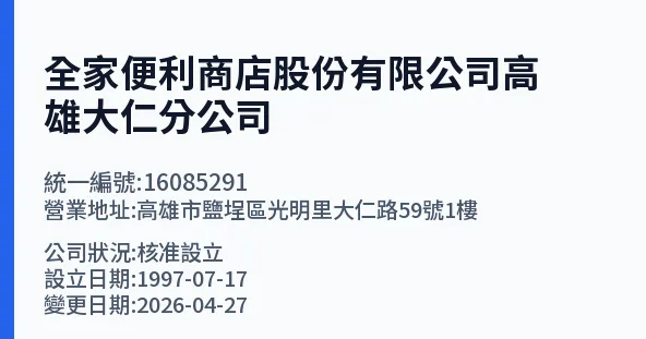 全家便利商店股份有限公司高雄大仁分公司的照片-統編 16085291(高雄市) 公司登記資料與營業項目詳細圖表