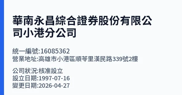 華南永昌綜合證券股份有限公司小港分公司的照片-統編 16085362(高雄市) 公司登記資料與營業項目詳細圖表