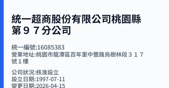 統一超商股份有限公司桃園縣第９７分公司的照片-統編 16085383(桃園市) 公司登記資料與營業項目詳細圖表