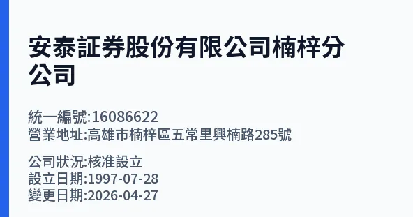 安泰証券股份有限公司楠梓分公司的照片-統編 16086622(高雄市) 公司登記資料與營業項目詳細圖表