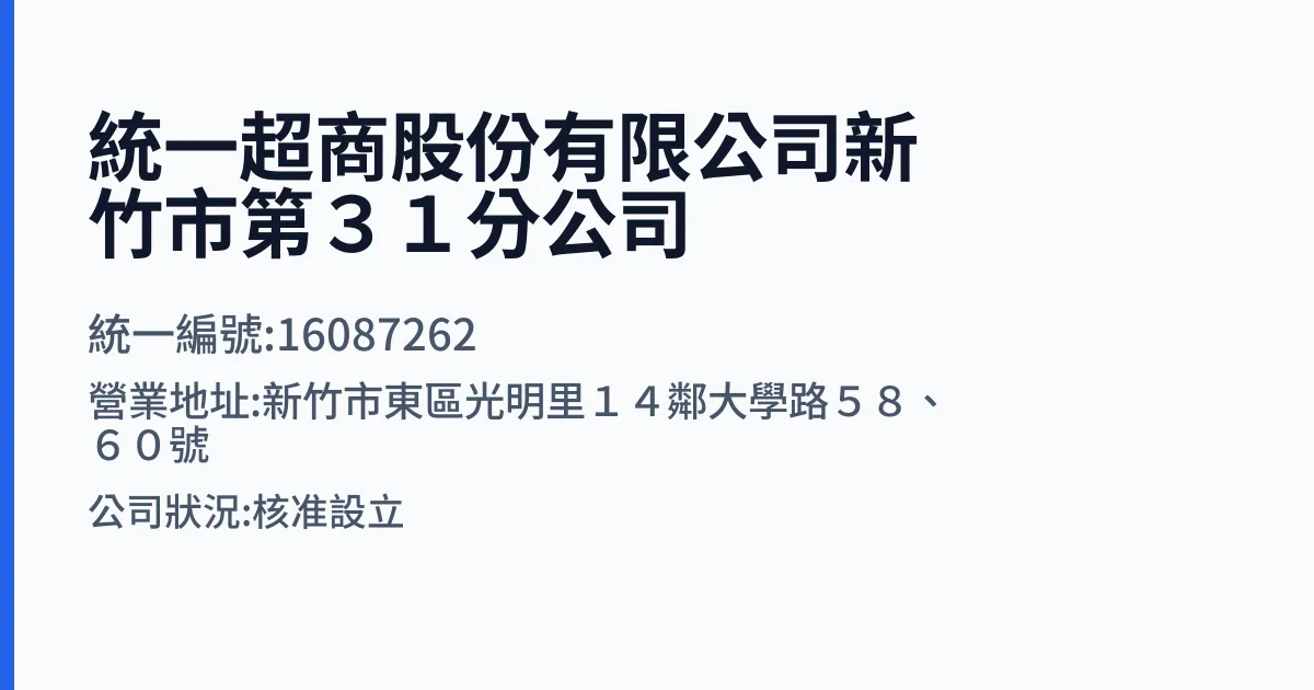 統一超商股份有限公司新竹市第３１分公司 - 統編 16087262（新竹市） 公司登記資料與營業項目詳細圖表