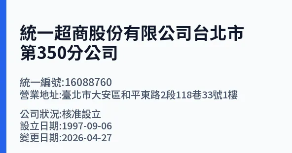 統一超商股份有限公司台北市第350分公司的照片-統編 16088760(臺北市) 公司登記資料與營業項目詳細圖表