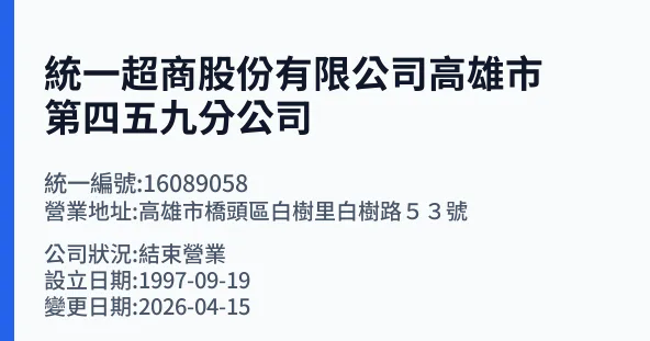統一超商股份有限公司高雄市第四五九分公司的照片-統編 16089058(高雄市) 公司登記資料與營業項目詳細圖表