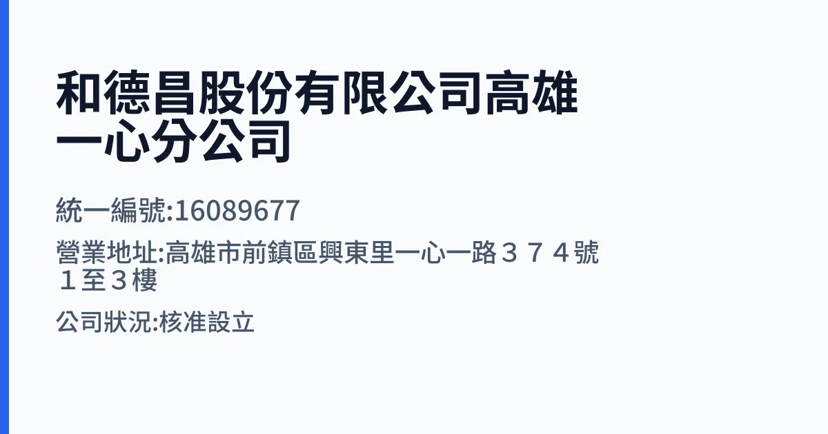 和德昌股份有限公司高雄一心分公司 - 統編 16089677(高雄市) 公司登記資料與營業項目詳細圖表