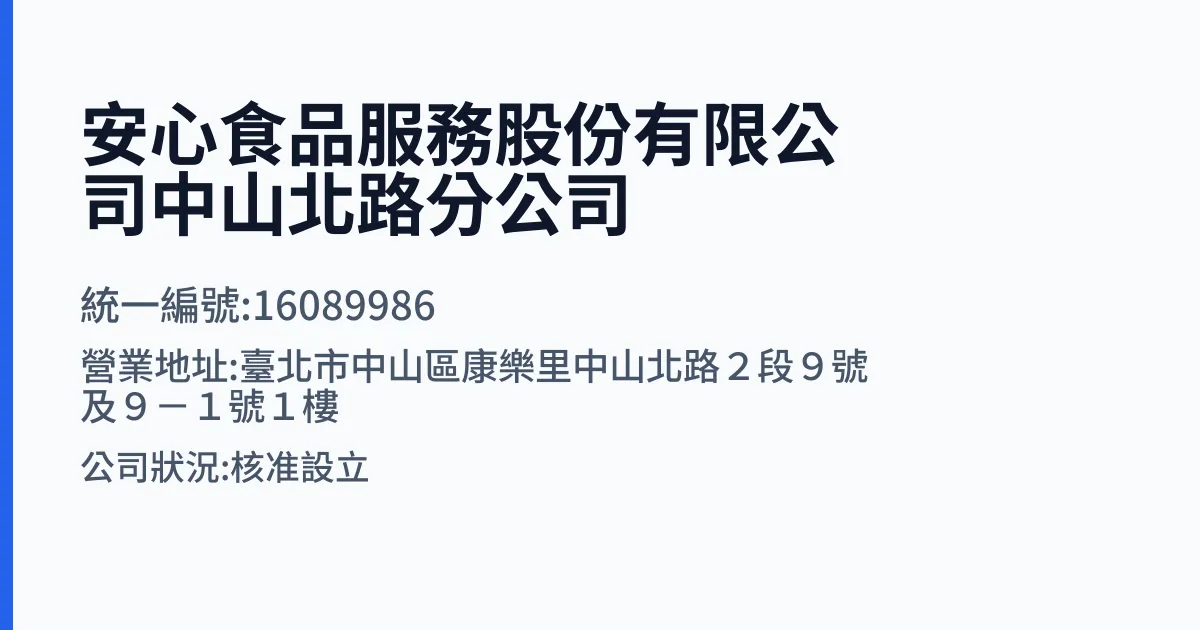 安心食品服務股份有限公司中山北路分公司 - 統編 16089986(臺北市) 公司登記資料與營業項目詳細圖表