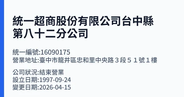 統一超商股份有限公司台中縣第八十二分公司的照片-統編 16090175(臺中市) 公司登記資料與營業項目詳細圖表