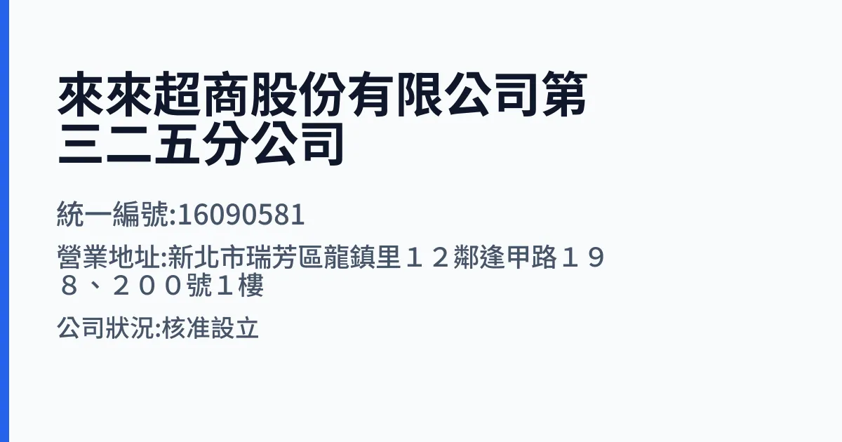 來來超商股份有限公司第三二五分公司 - 統編 16090581(新北市) 公司登記資料與營業項目詳細圖表