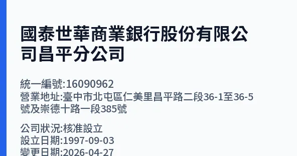 國泰世華商業銀行股份有限公司昌平分公司的照片-統編 16090962(臺中市) 公司登記資料與營業項目詳細圖表