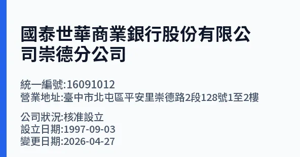 國泰世華商業銀行股份有限公司崇德分公司的照片-統編 16091012(臺中市) 公司登記資料與營業項目詳細圖表
