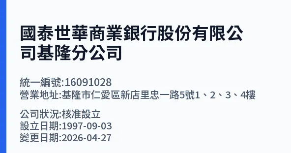 國泰世華商業銀行股份有限公司基隆分公司的照片-統編 16091028(基隆市) 公司登記資料與營業項目詳細圖表