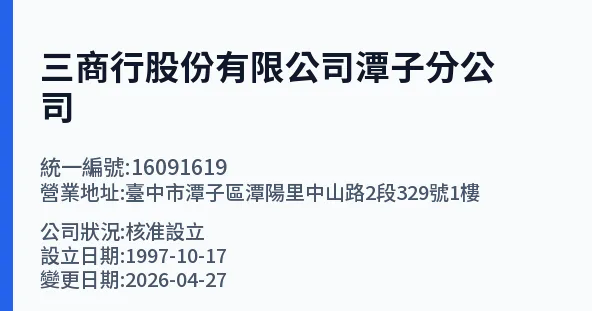 三商行股份有限公司潭子分公司的照片-統編 16091619(臺中市) 公司登記資料與營業項目詳細圖表