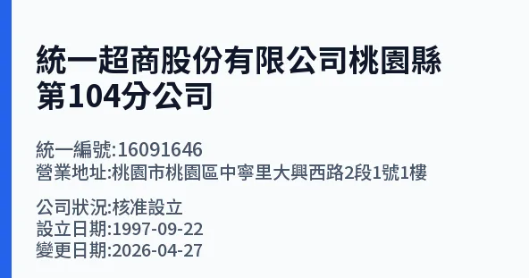 統一超商股份有限公司桃園縣第104分公司的照片-統編 16091646(桃園市) 公司登記資料與營業項目詳細圖表