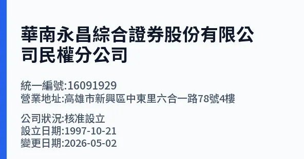 華南永昌綜合證券股份有限公司民權分公司的照片-統編 16091929(高雄市) 公司登記資料與營業項目詳細圖表
