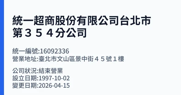 統一超商股份有限公司台北市第３５４分公司的照片-統編 16092336(臺北市) 公司登記資料與營業項目詳細圖表