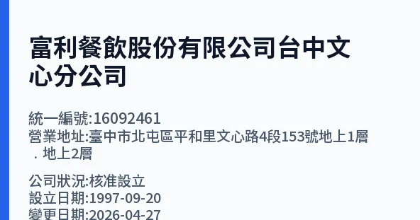 富利餐飲股份有限公司台中文心分公司的照片-統編 16092461(臺中市) 公司登記資料與營業項目詳細圖表