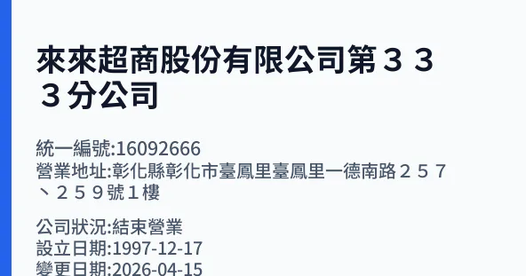 來來超商股份有限公司第３３３分公司的照片-統編 16092666(彰化縣) 公司登記資料與營業項目詳細圖表