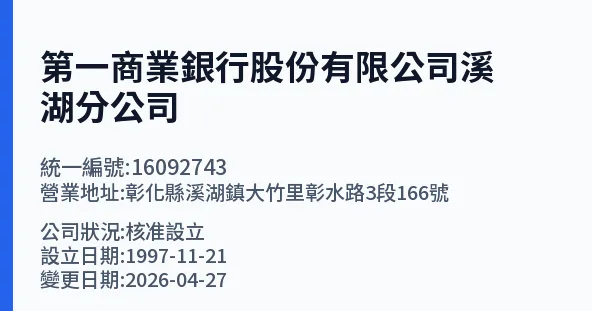第一商業銀行股份有限公司溪湖分公司的照片-統編 16092743(彰化縣) 公司登記資料與營業項目詳細圖表