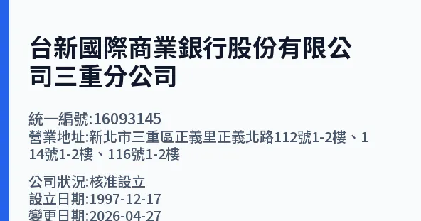 台新國際商業銀行股份有限公司三重分公司的照片-統編 16093145(新北市) 公司登記資料與營業項目詳細圖表
