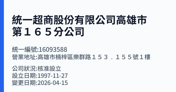 統一超商股份有限公司高雄市第１６５分公司的照片-統編 16093588(高雄市) 公司登記資料與營業項目詳細圖表