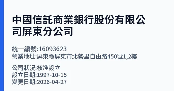 中國信託商業銀行股份有限公司屏東分公司的照片-統編 16093623(屏東縣) 公司登記資料與營業項目詳細圖表