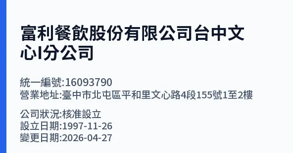富利餐飲股份有限公司台中文心I分公司的照片-統編 16093790(臺中市) 公司登記資料與營業項目詳細圖表