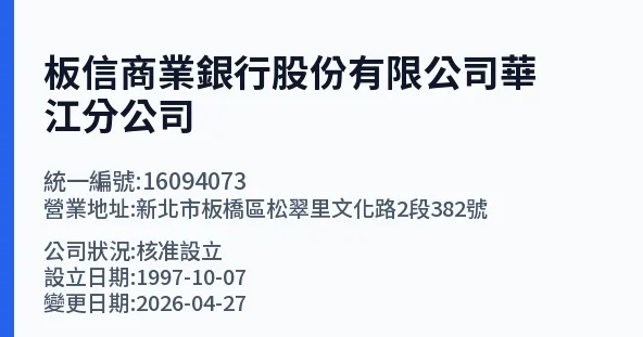 板信商業銀行股份有限公司華江分公司的照片-統編 16094073(新北市) 公司登記資料與營業項目詳細圖表