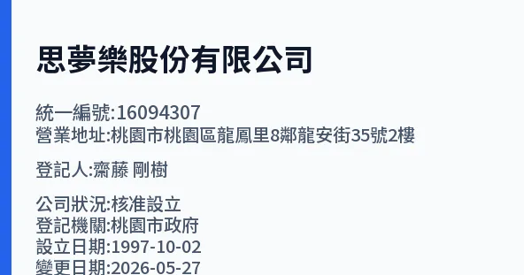 思夢樂股份有限公司的照片-統編 16094307(桃園市) 公司登記資料與營業項目詳細圖表